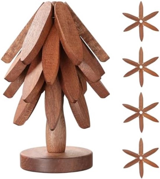 Houten onderzetterset in boomvorm, 4 onderzetters + 1 standaard, sapeli ...