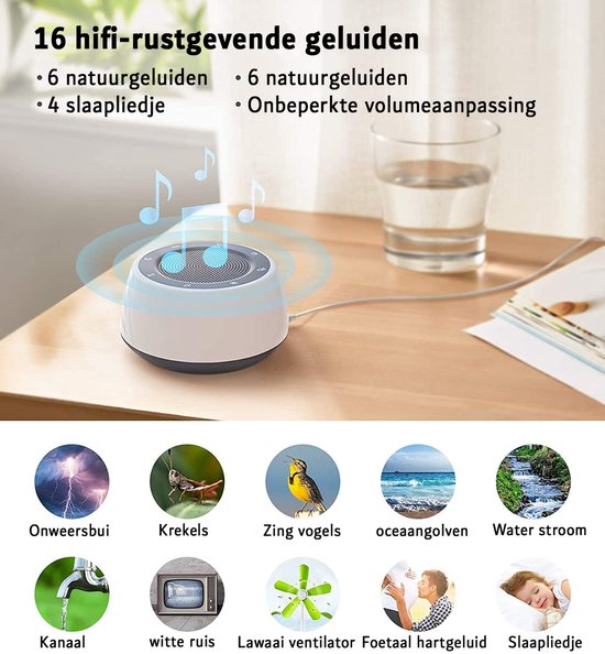 Witte Ruis Machine - USB - Draagbaar - 7 Kleuren Nachtlampjes - 16 ...