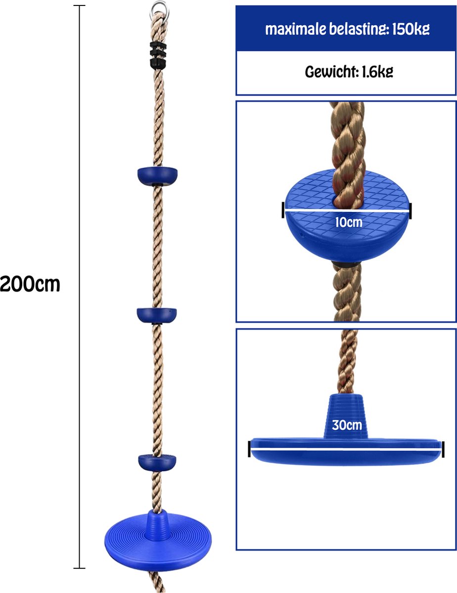JAXY Schotelschommel - Klimtouw Met Knopen - Schommelzitje - Kimtouw ...