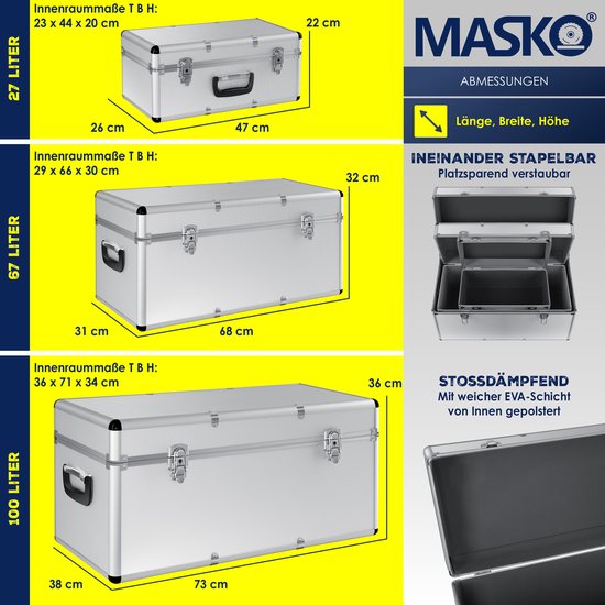 Masko® Opbergkist SET van 3x aluminium kist transportkist ...