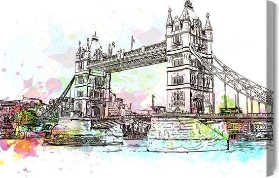 Schilderijkoning - Canvas Schilderij Tower Bridge Geschilderd Met Waterverf - 120 x 80 cm | bol