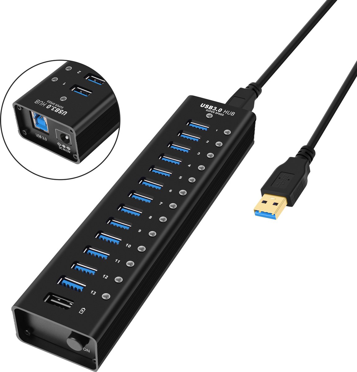 NÖRDIC USB-HUB413 USB Hub - 14 Poorten - USB 3.0 - 5Gbps - Met schakelaar - Zwart | bol.com
