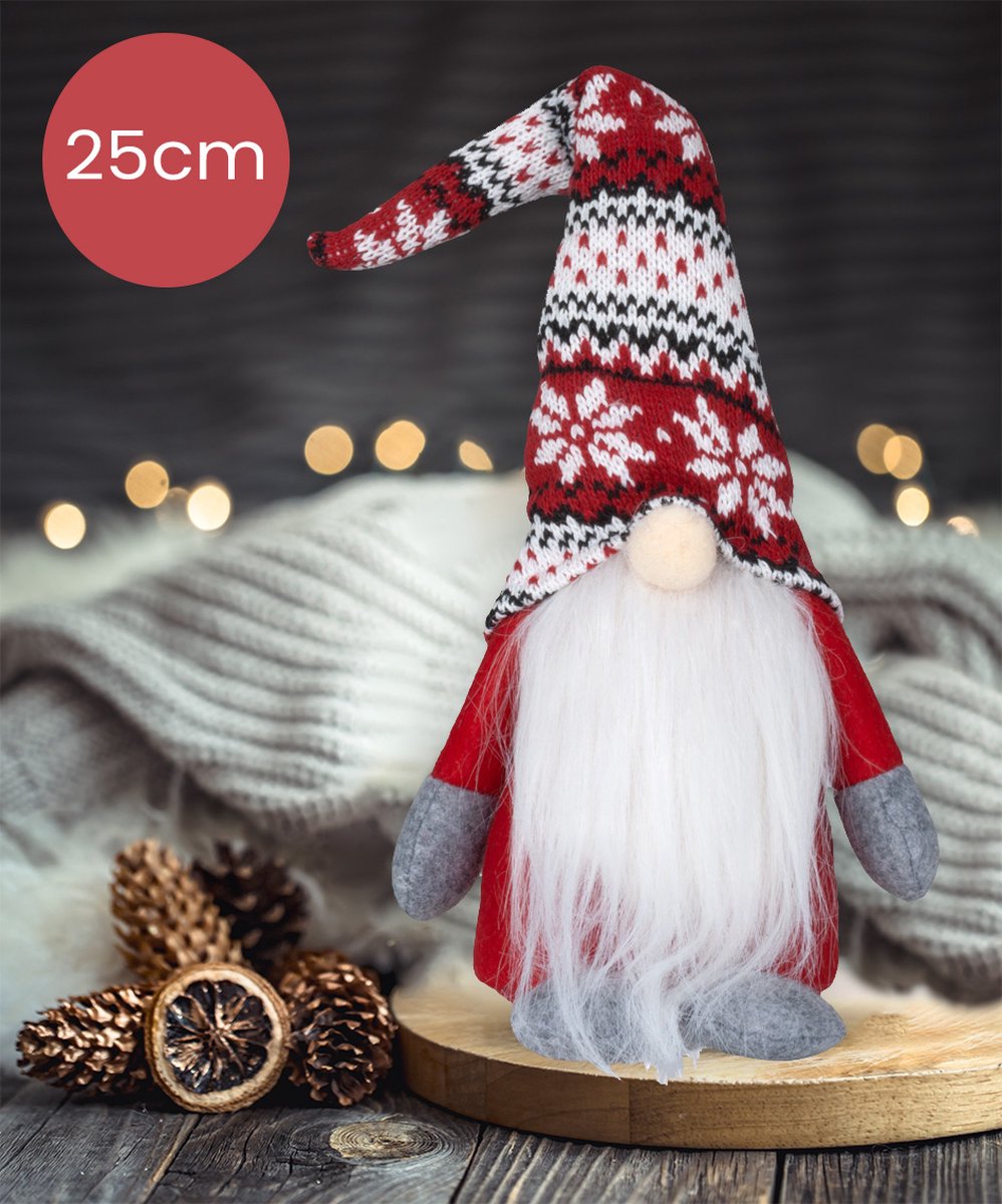 Rood handgemaakte Gnoom met witte figuurtjes op de muts - 25(35)cm | bol.