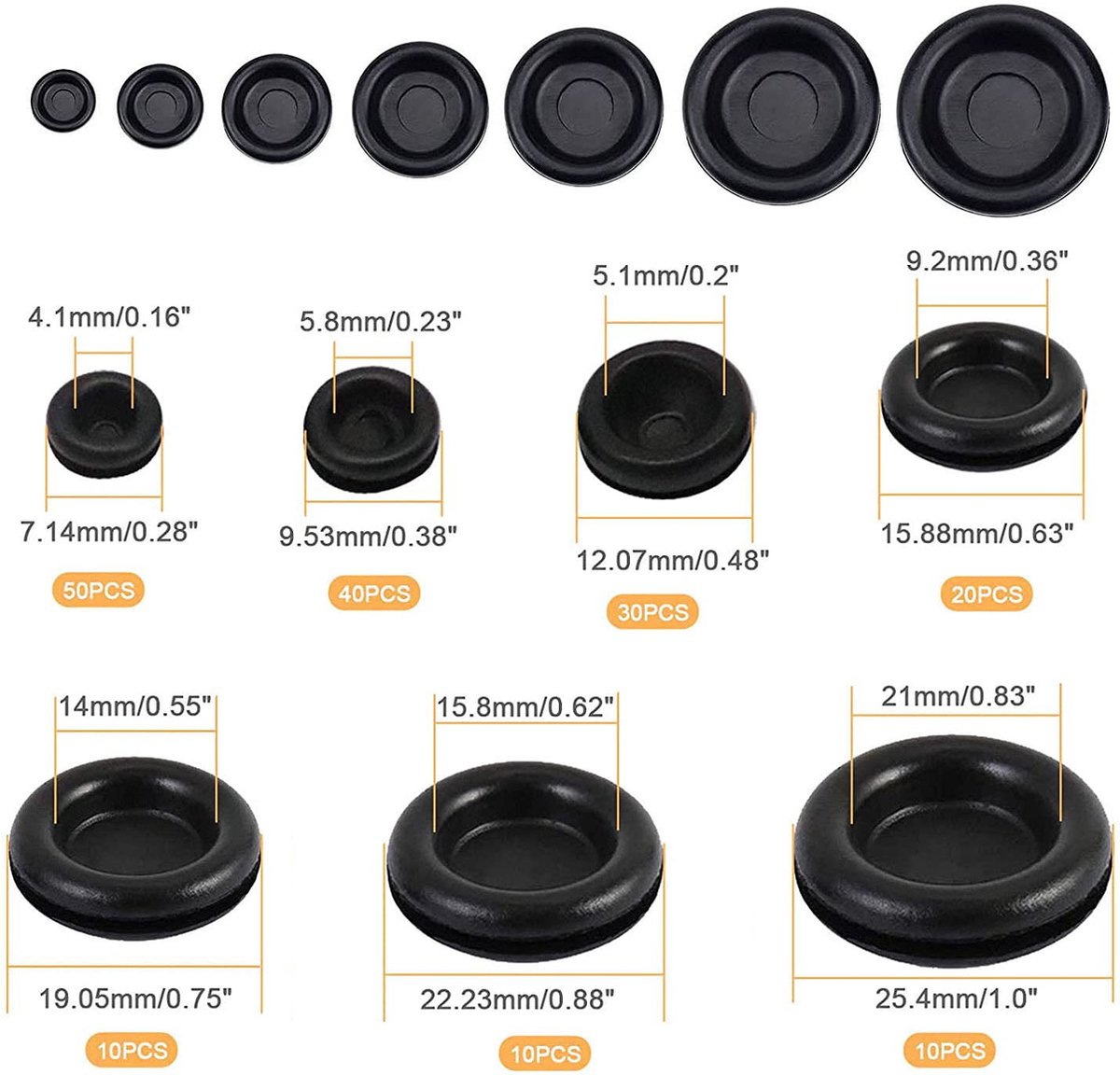 170-delige set rubberen doorvoertules, 7 maten rubberen pluggen, ringen ...