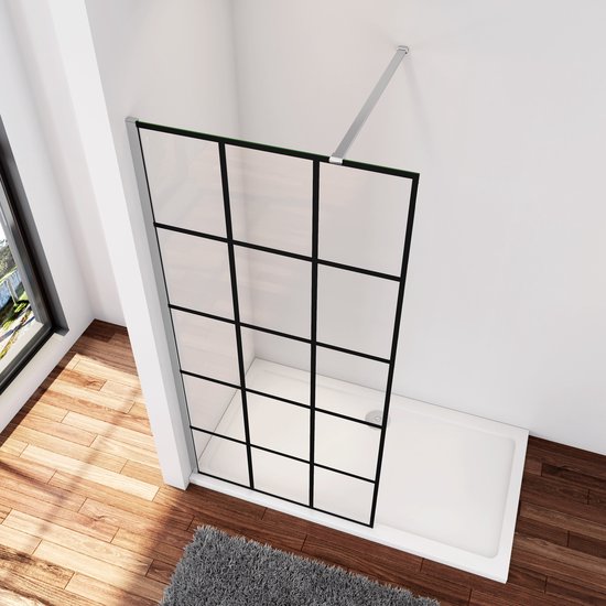 Douchewand-Inloopdouche 90x200cm met mat Zwart kader en raster 8mm NANO ...