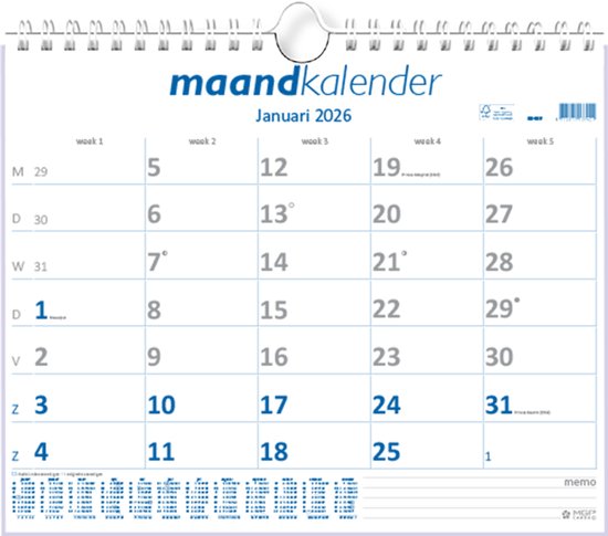 MGPcards - Maandkalender 2026 - Ruim A3 formaat - Week begint op ...