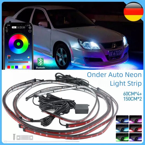 6x Auto LED Onderbouw Verlichting RGB Neon - Ambient Light Strip - App ...
