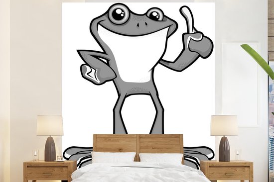 Behang - Fotobehang Illustratie van een groene kikker die zijn vinger ...