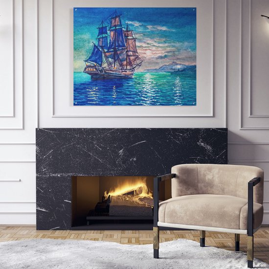 Artaza Glasschilderij - Oude Piratenschip Zeilboot Getekend - 100x80 ...