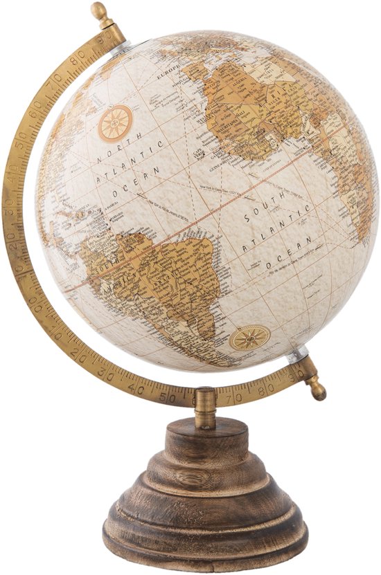 Clayre & Eef Wereldbol 22x20x33 cm Beige Bruin Hout Ijzer Rond Globe ...