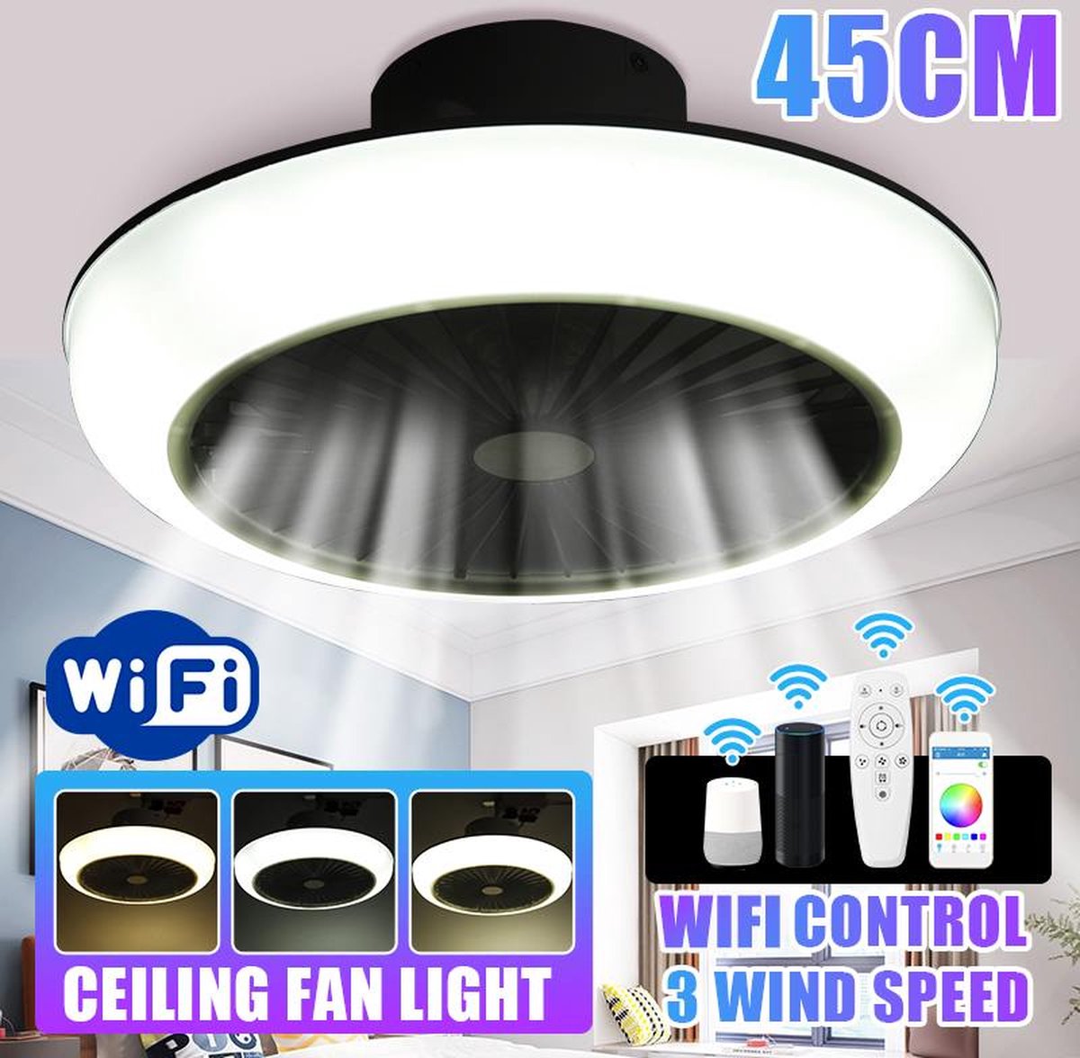 Plafondlampen met ventilator-WiFi Smart LED Plafond Ventilator Lamp-45 ...