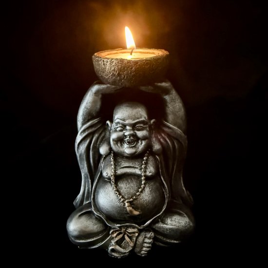Zilver happy boeddha beeldje en waxine/theelicht houder FengShui ...