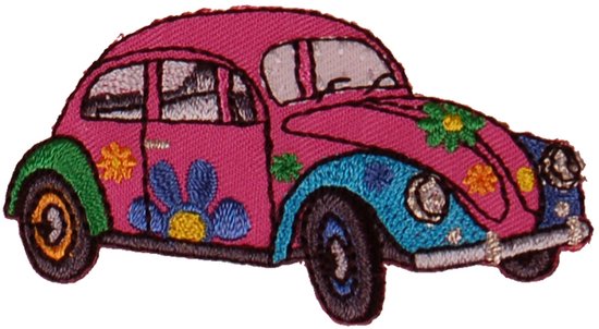 Strijkapplicatie/Patch - Kever Auto Flowerpower Roze&Blauw - 7x4cm | bol