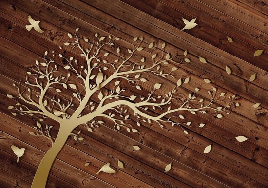 Fotobehang - Vlies Behang - Gouden Boom met Vogels op Houten Planken ...