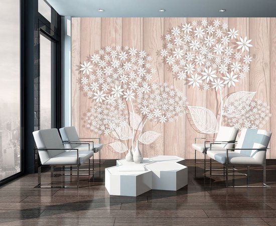 Fotobehang - Vlies Behang - Witte Bloemetjes op Planken van Hout Kunst ...