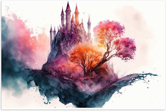 Poster (Mat) - Kleurrijke Aquarel Tekening van Sprookjes Kasteel ...