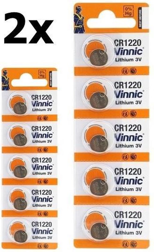10 Stuks (2 Blister a 5st) Vinnic CR1220 3V 40mAh lithium knoopcelbatterij | bol.com
