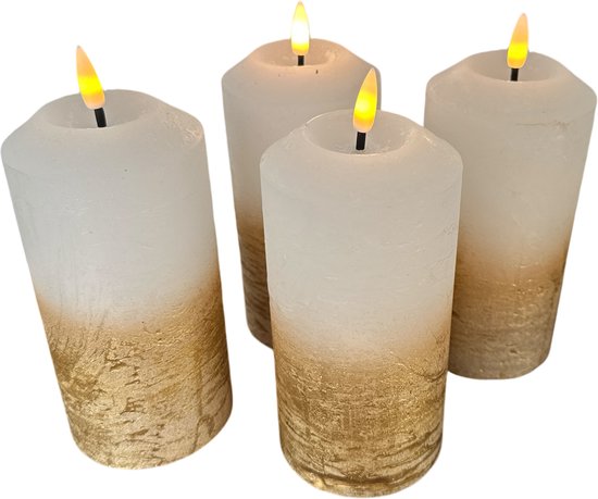 Led kaarsen met bewegende vlam - set van 4 - wit - goud - waxkaars - 17 ...