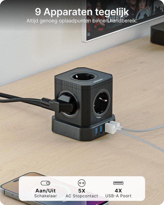 Stekkerdoos Cube 9-in-1 met USB - 5 stopcontacten en 4 USB poorten ...