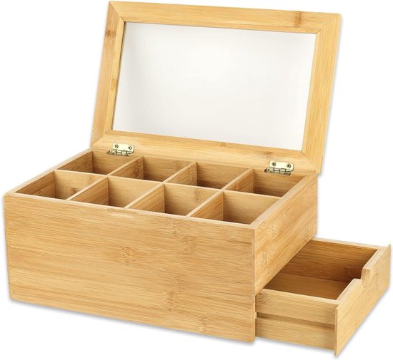 Theedoos van bamboe 31 x 19 x 14 cm met kijkvenster - 8 vakken en lade ...
