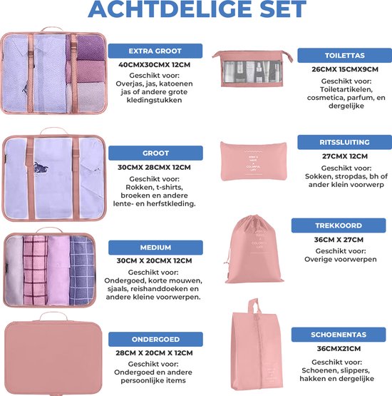 Packing Cubes - Koffer Organizer Set - 8-delig - Kleding en Bagage ...