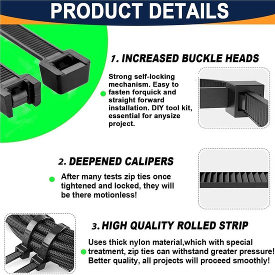 600mm zwarte nylon ritsbanden - 100 stuks premium kabelbinders met zelfvergrendelend... | bol