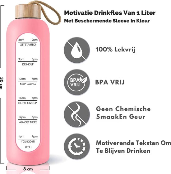 Motivatie Waterfles - Grijs - Drinkfles 1 Liter - Glazen waterfles ...