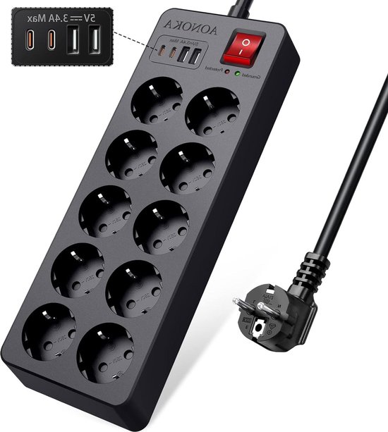 Stekkerdoos 10-voudig met overspanningsbeveiliging en USB - Zwart 15m ...