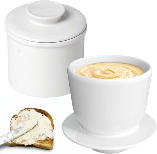Keramische botervloot rond deksel watergekoeld waterlijn boterbel wit ...