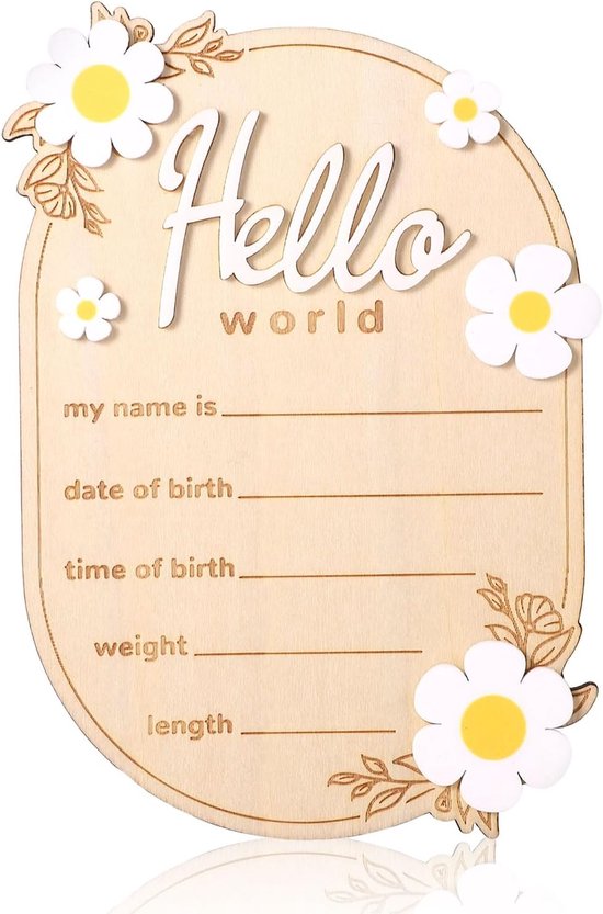 Baby Announcement Sign - 15x10.5cm Houten Hello World Newborn Sign ...