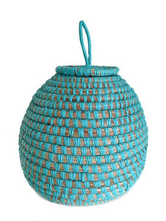 Rieten mandje met deksel - korf 20x20 cm. Aqua. | bol