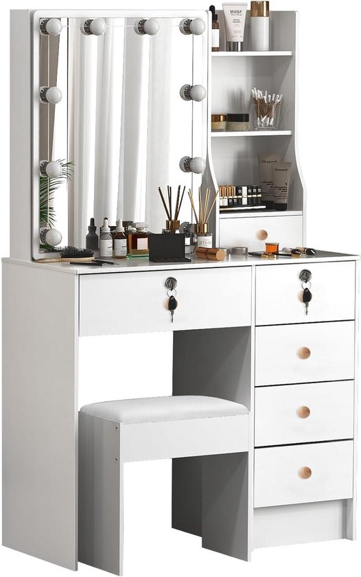 Dressing Table with Mirror, Stool, Adjustable Brightness, 6 Drawers, 6 ...