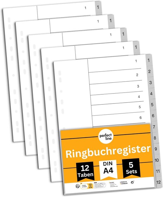 DIN A4 File Binder Set met 12 Tabs - 5 Stuks, Grijs, Duurzame Document ...