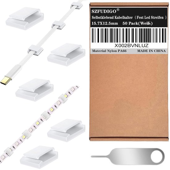 Zelfklevende LED-strip kabelhouder - 50 stuks - wit - voor LED-strips ...