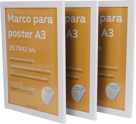 Set van 3 Witte Fotolijsten A3 (29,7x42 cm) voor Foto's en Posters ...