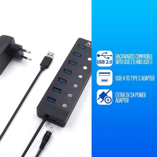 USB 3.2 Gen1 Hub met 7 Poorten, Aan/Uit Schakelaars en LED Indicatoren ...