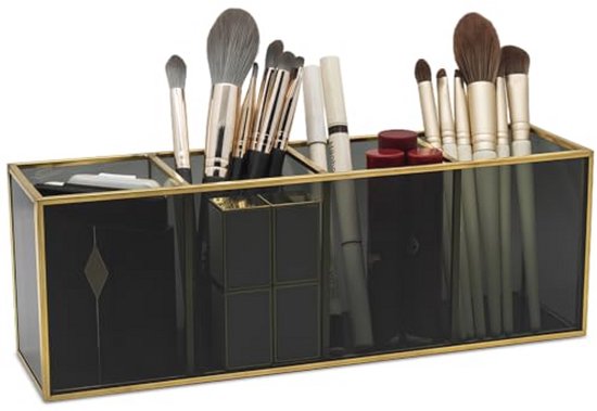 Make-up kwasten houder zwart - Cosmetica organizer - Glazen opbergdoos ...