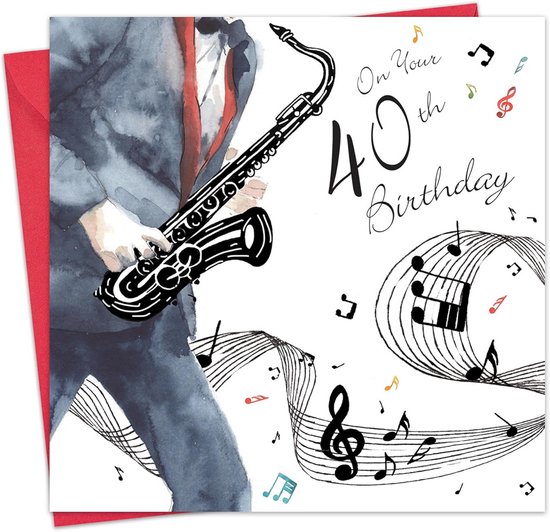Verjaardagskaart 40 Jaar Man - Zilveren Versiering en Saxofoon Thema ...