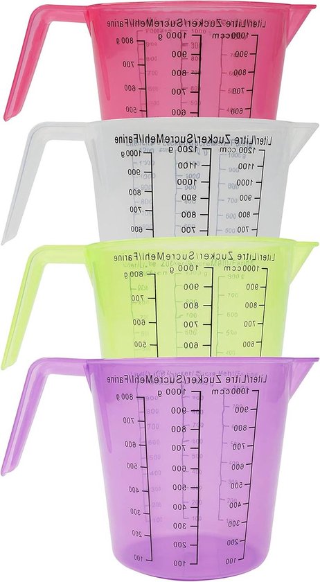eGoods - Plastic maatbekers set van 4 - 1 liter - Stapelbare kannen met ...