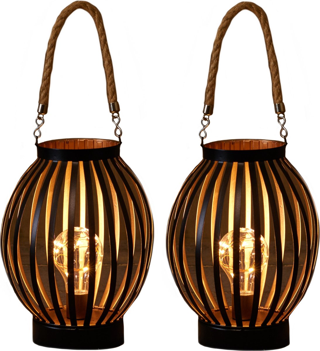 Led sfeer lantaarn/lamp zwart/goud rond met timer B16 x H22 cm ...