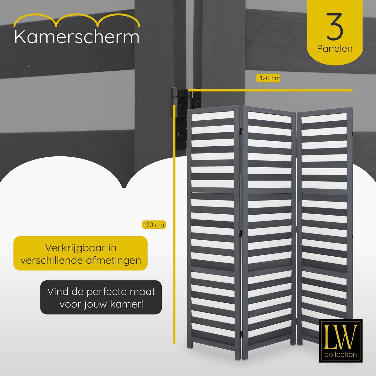 LW Collection Kamerscherm Hout grijs/wit / kamerschermen hout 3 panelen ...