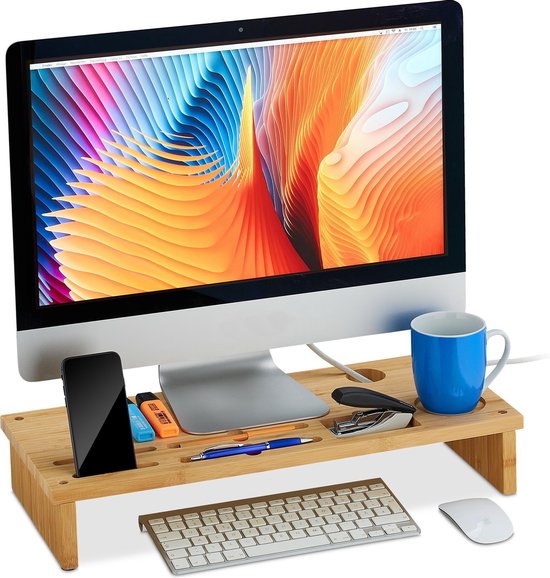 Relaxdays monitorstandaard bamboe - beeldschermverhoger breed - monitor ...
