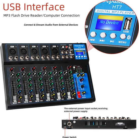 HT7 Draagbare bluetooth-audio-mixer mengpaneel met USB-DJ-sound ...