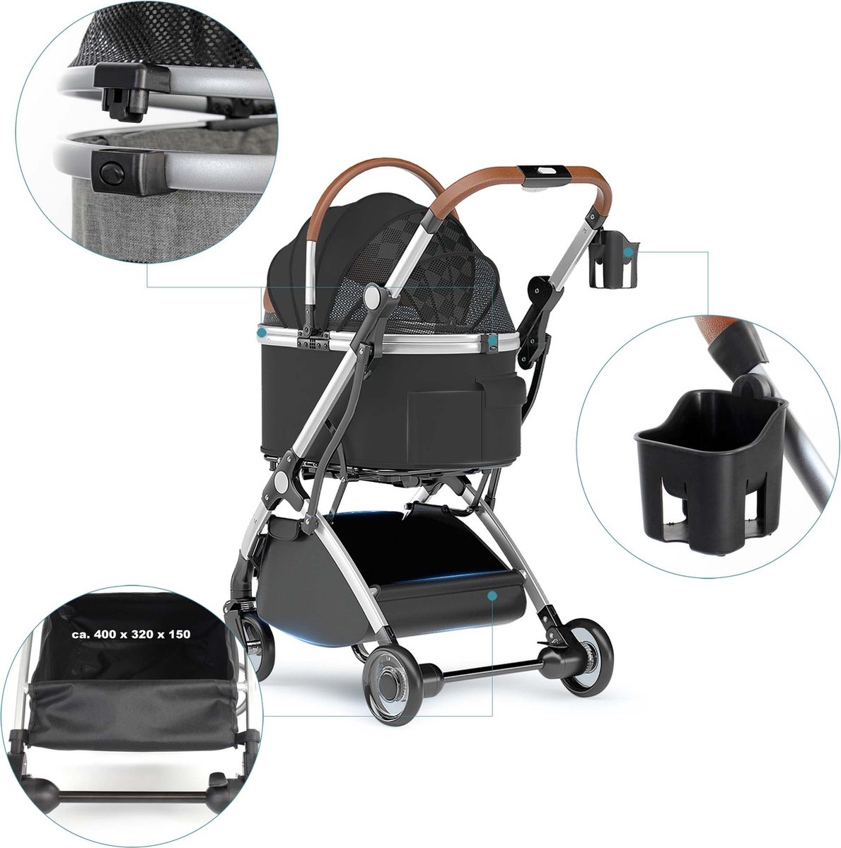 Fudajo Luxe hondenwagen 2-in-1 zwart inklapbare hondenbuggy met plank ...