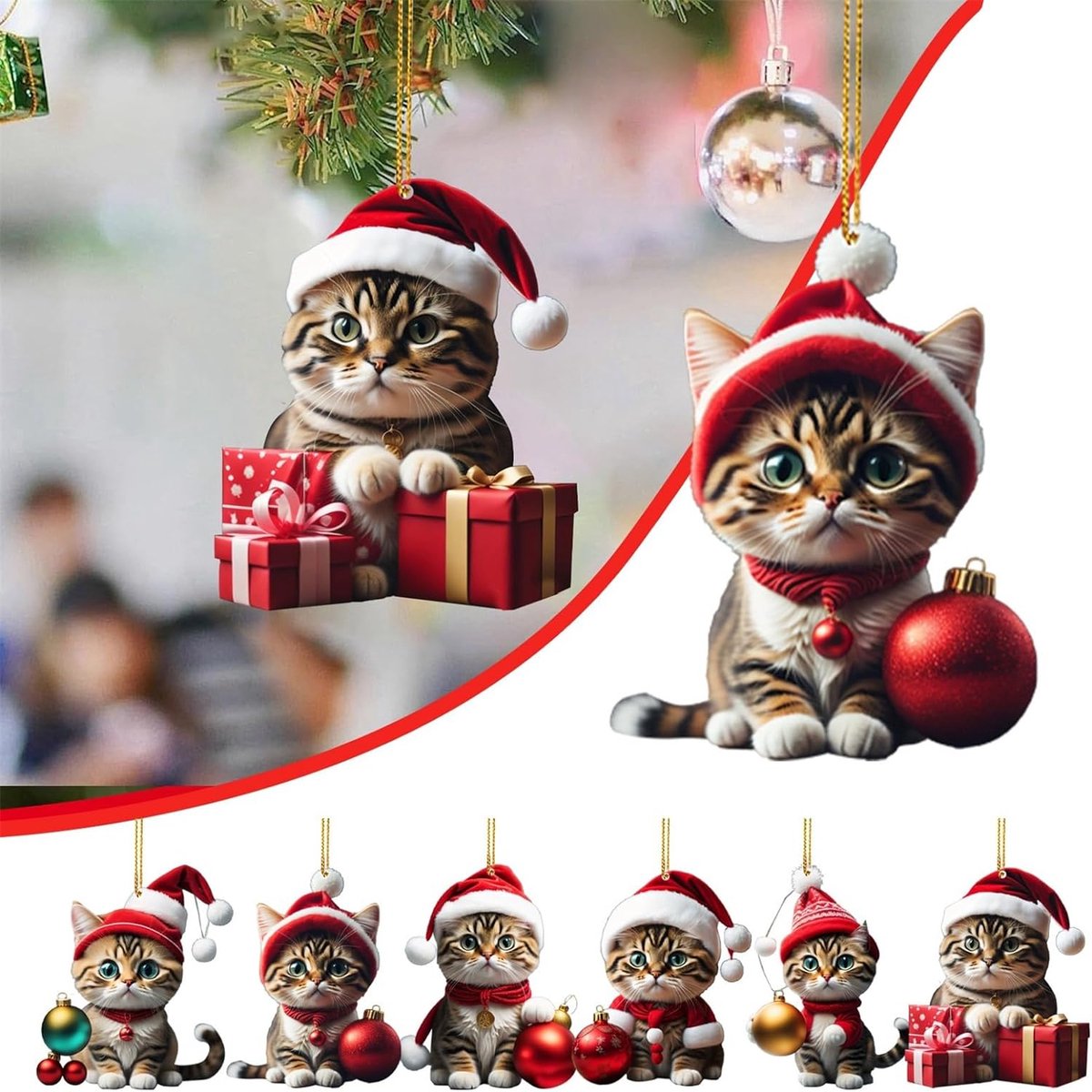Kat Kerstdecoratie, 6/7PCS Acryl Kat Kerstbal, Kerst Kat Auto Hangende ...