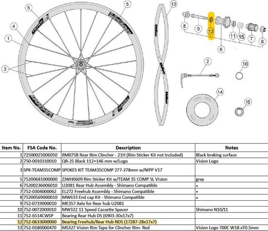 Vision Team 35 Comp SL Lagers - NR12. Bearing Freehub/Rear Hub NDS 752 ...