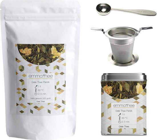 Gele thee Perzik 500 gram + Theeblik + Theezeef + Thee Maatlepel | bol.com