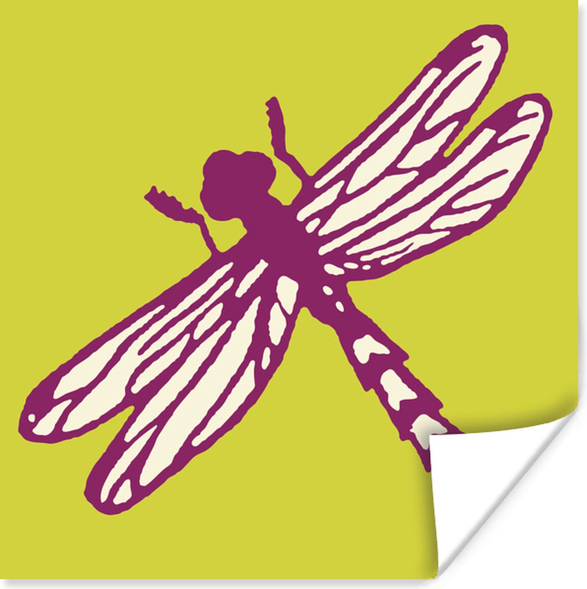 Une illustration d'une libellule rose sur fond jaune Poster 75x75 cm ...