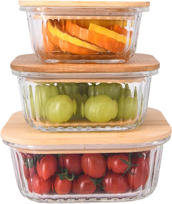 3-Piece Glass Lunch Boxes with Bamboo Lid - Square Storage Boxes for ...