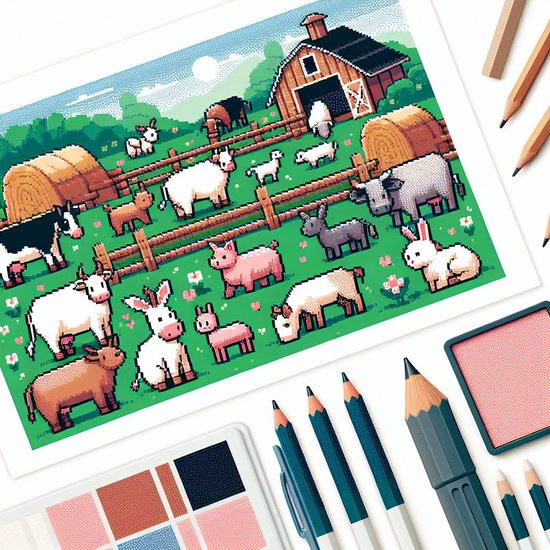 Pixel art vee schilderij | Digitaal boerderij tafereel met pixelkunst ...